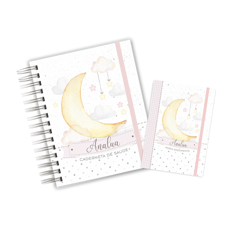 CADERNETA + PORTA DOCUMENTOS - LUA - Papelilly Papelaria Personalizada