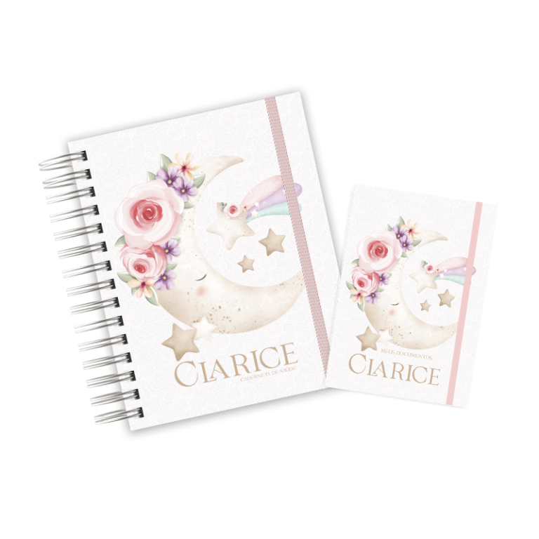 CADERNETA + PORTA DOCUMENTOS – LUA GIRL – Papelilly Papelaria Personalizada